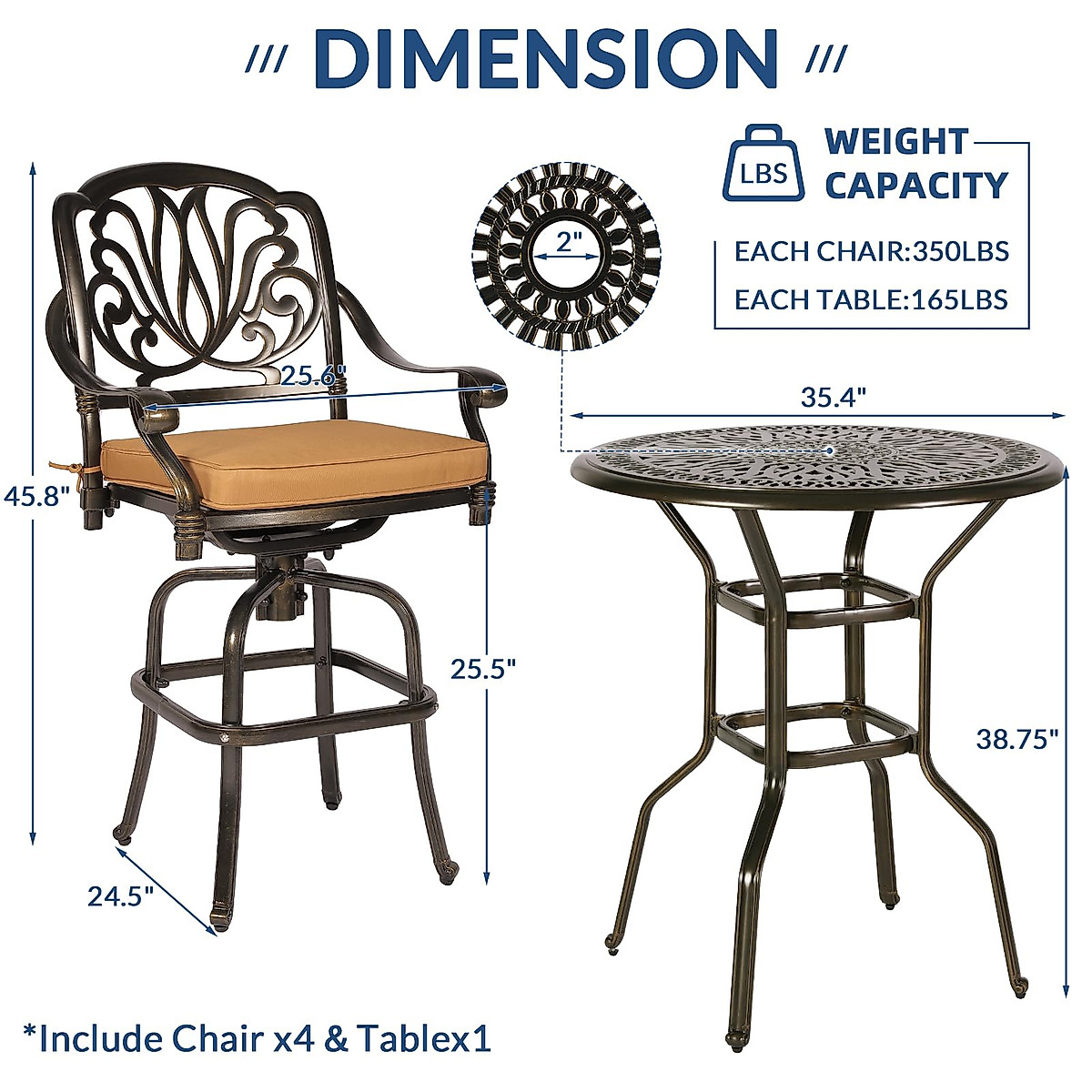 SOCIALCOMFY 5 Piece Bar Height Patio Dining Set, All Weather Cast Aluminum Swivel Bar Stools Chair Set of 4 and 35.4" High Bar Table W/Umbrella Hole, Outdoor Bar Table & Chairs Set for Deck Garden