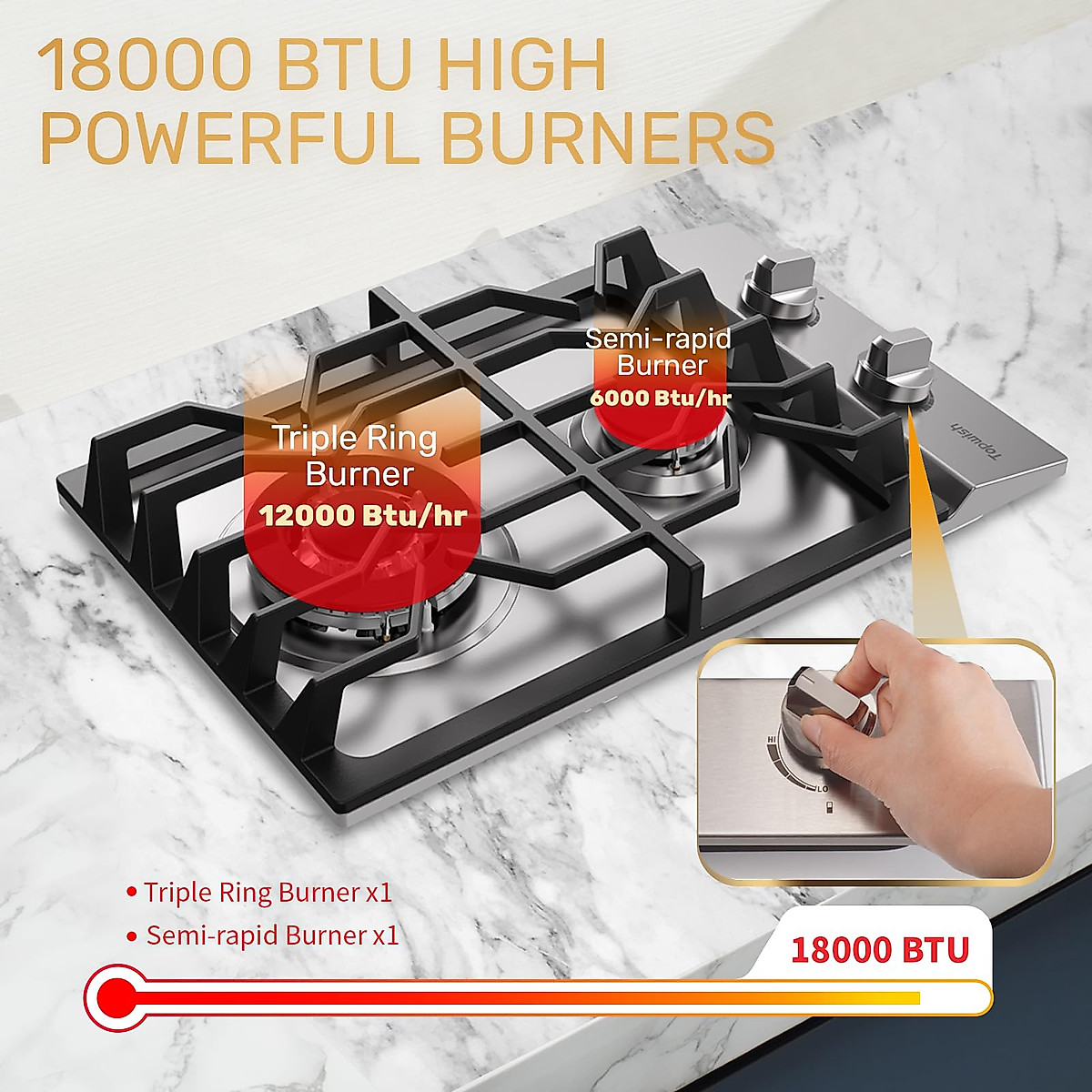 TOPWISH 2 Burner Propane Gas Cooktop, 12" Inch LPG/NG Built-in Gas Stove Top with 2 ITALY SABAF Sealed Burners 18,000BTU, Stainless Steel, RV Stove Top with Thermocouple Protect, Apartment, Outdoor
