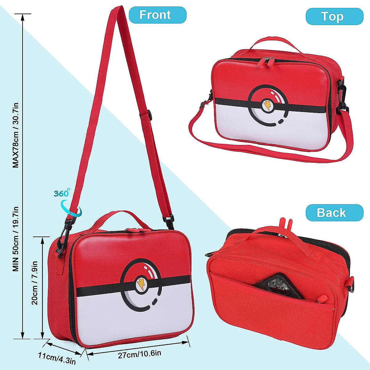 Insulated Lunch Bag for Boys/Girls/Kids, Reusable Cooler Bags for School/Picnic/Travel, White Red Adjustable Shoulder Strap Lunchbox