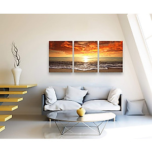 S0146 3 pieces Canvas Prints Wall Art Sunset Ocean Beach Pictures Photo Paintings for Living Room Bedroom Home Decorations Framed Seascape Waves Landscape Giclee Artwork 16x24inch x3pcs