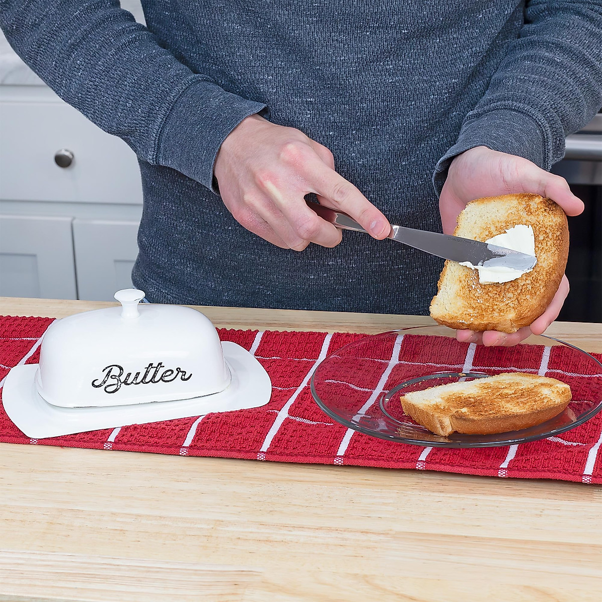 AuldHome Farmhouse White Butter Dish, Vintage Style Enamelware Butter Dish with Cover