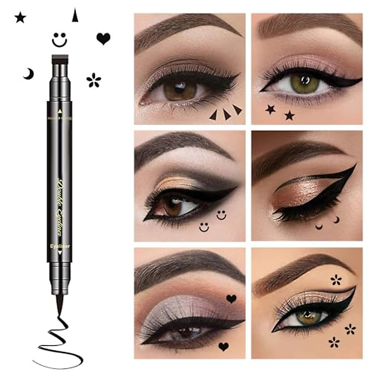 LOKFAR 6 Pcs Double-Side Liquid Eyeliner Stamp Pen Set, Eye Liners for Women Waterproof Eyeliner Pencil Black Eye-liner Stencils Long-Lasting Tattoo Makeup-Triangle,Star,Moon,Heart,Flower,Smiley