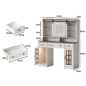 Fameill 45.5'' Farmhouse Makeup Vanity Desk with Sliding Mirror, Vanity Table with 3 Drawers and 2 Cabinets, Charging Station & LED Lights, Storage Shelves, Stool Included, Dressing Table for Bedroom