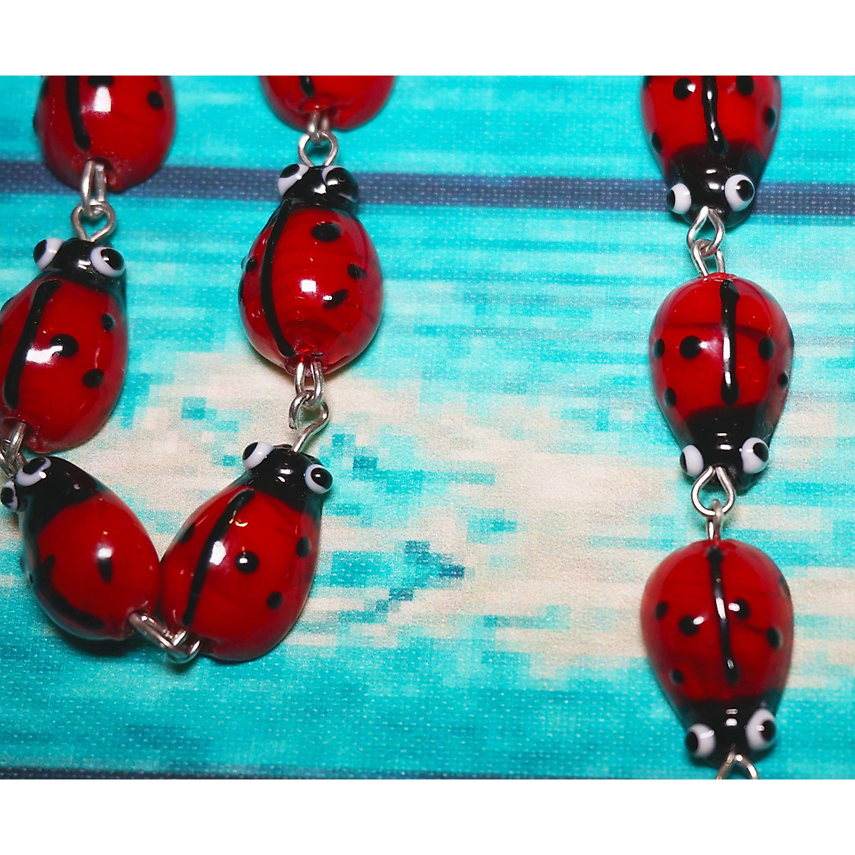 col-p Catholic Steel Rosary Ceramic Ladybug Devotional 29" inch long centerpiece Lady of Grace Sanctified Papal Crucifix Zinc Alloy