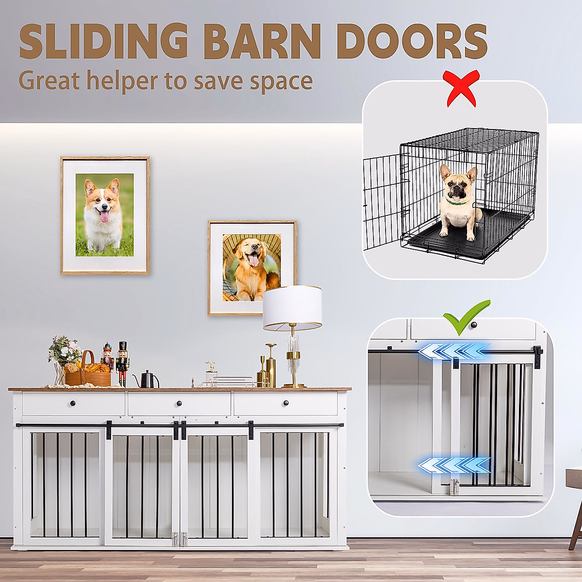 Sunseen Dog Crate Furniture Large Breed Wooden Dog Kennel with Room Divider & 3 Drawer,Double Doors Heavy Duty Dog Crate End Table Indoor TV Stand for Small Medium Large Dog,72''W*24''D*35''H,White