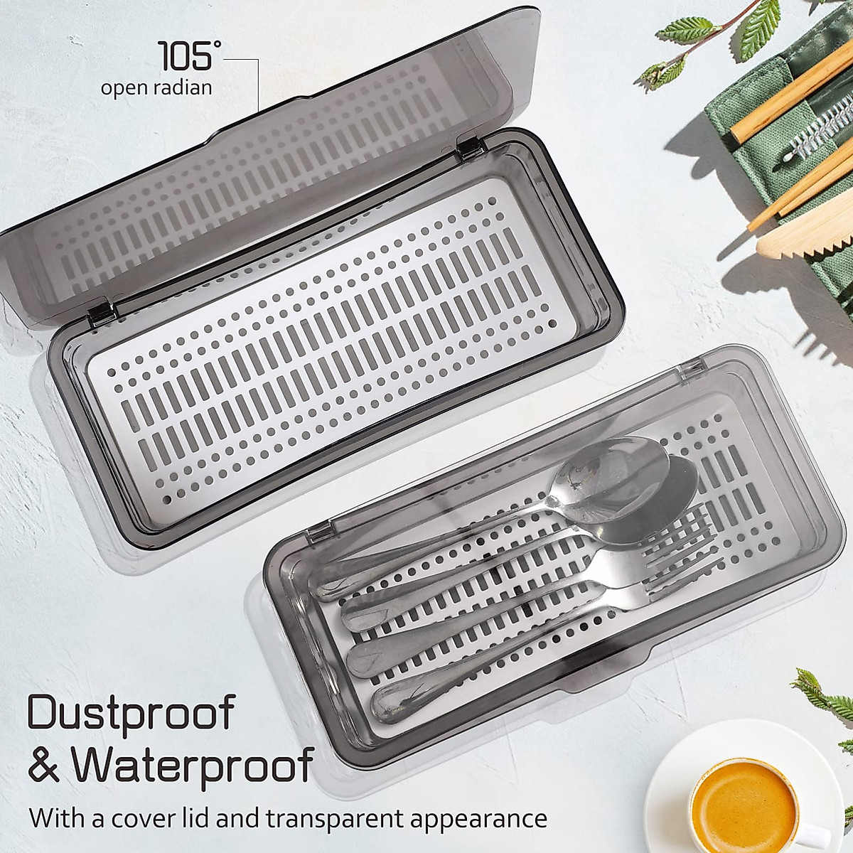 DOITOOL 3PCS Flatware Tray with Lid and Drainer, Tableware Utensil and Cutlery Drawer Organizer with Lid Covered Silverware Tray to Keeps Your Cutlery Organized and Protected