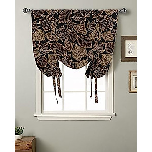 Thanksgiving Fall Tie Up Curtains for Kitchen Bathroom Bedroom Windows 63 Inch Length, Balloon Drape Curtains Shade Rod Pocket Drapery Curtain Gold Autumn Maple Leaves Black Backdrop 1 Panel, 52"x63"