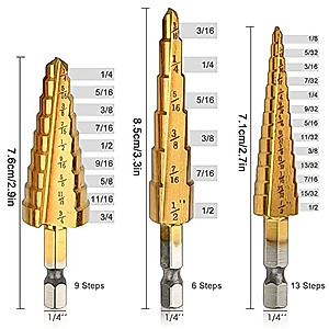 Step Drill Bit- 3 Pcs Step Drill Bits for Metal, Stepped Drill Bit Set for Plastic, Wood, Sheet Metal