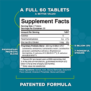 Oral Probiotics for Mouth Bad Breath Treatment for Adults: Dentist Formulated Advanced Oral Probiotics for Teeth and Gums with BLIS K12 M18-60 Chewable Oral Health Probiotics Supplement Tablets Mint