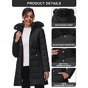 SLOW DOWN Women Winter Down Puffer Coat Warm Hooded Mid-Length Down Jacket for Women with Faux Fur Trim Hood and Pile Collar (Black, XL)