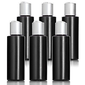 JUVITUS Black 4 oz Squeeze Cylinder Plastic (BPA Free) Empty Refillable Bottle with Silver Smooth Disc Caps (6 Pack) + Labels