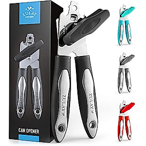 Zulay Kitchen Manual Can Opener - Handheld Can Opener Smooth Edge Cut Stainless Steel Blades - Heavy Duty Can Opener Manual with Comfortable Grip Handle and Large Turn Knob (Black)