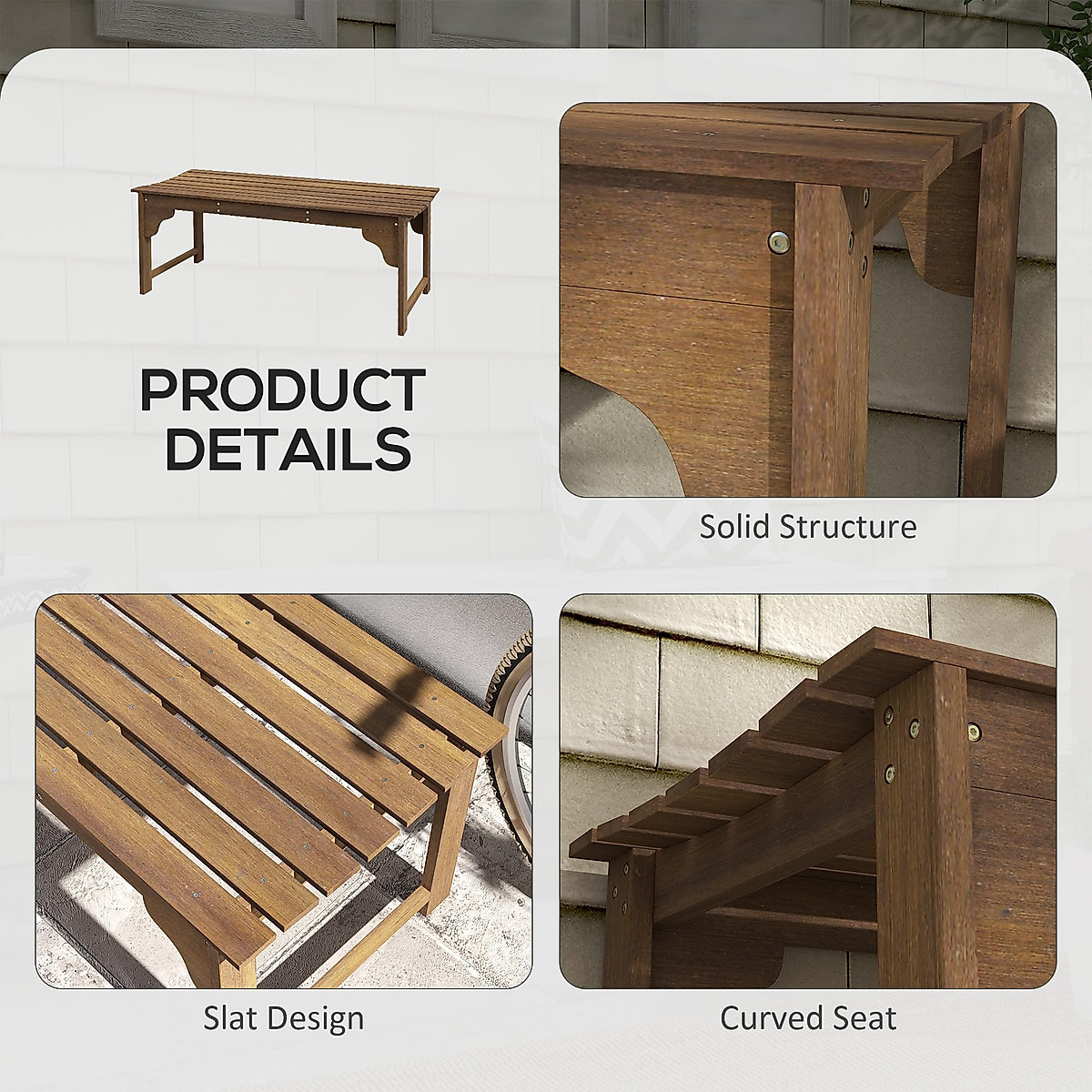 Outsunny Wooden Garden Bench, Outdoor Park Bench with Slatted Seat, Backless Front Porch Bench with Curved Seat for Conservatory, Garden, Poolside, Deck, Teak