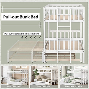 KOTEK Pull-Out Bunk Bed with Trundle, Twin Over Full, Twin Over 2 Twins Bunk Bed with Ladder & Safety Rails Accommodate 4 People, Detachable Solid Wood Bunk Bed for Kids, Adults (White)