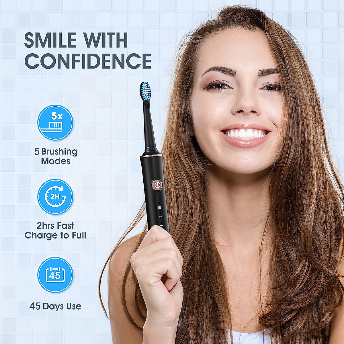 Electric Toothbrush, 8 Dupont Brush Heads, 5 Modes, IPX7 Waterproof, 38000 VPM Motor, 2hrs Fast Charge for 45 Day Use, Powered Toothbrush, Rechargeable Sonic Toothbrush, Whitening Soft Clean for Adult