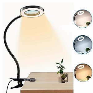 lishumei LED USB 5X Magnifying Desk Lamp with Clamp, 48 LED Desk Lamp with 3 Color Modes 10 Brightness, 360 ° Flexible Gooseneck Clamp Lamp for Bed Headboard Reading Makeup Eyebrow