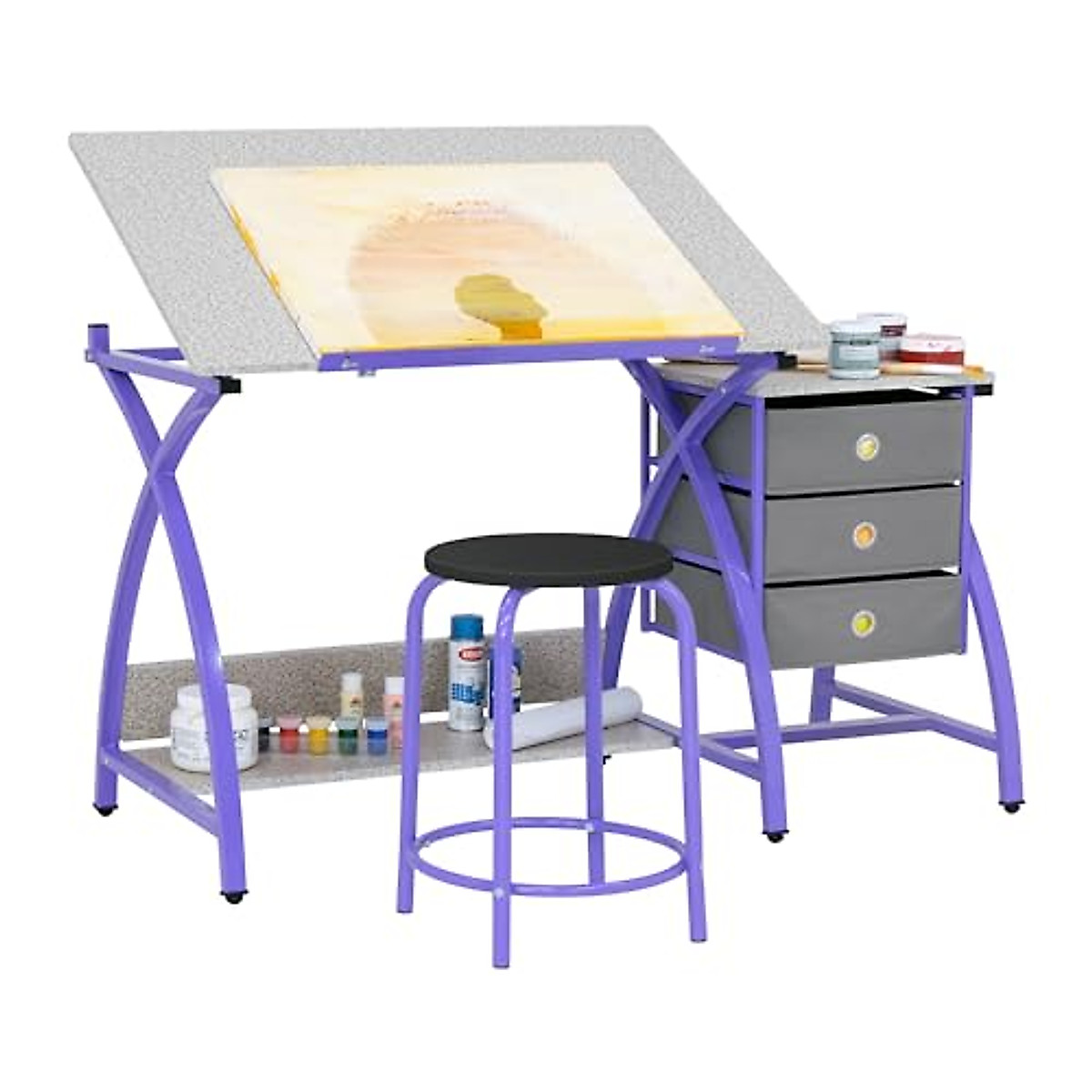SD STUDIO DESIGNS 2 Piece Comet Craft Table | Angle Adjustable Top and Stool | Purple/Spatter Gray | 23.75 x 50 x 29.5 inches