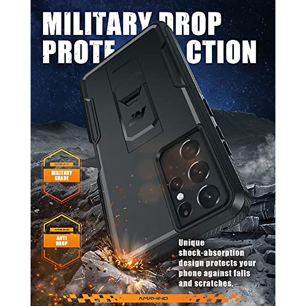 AMRHINO for Samsung Galaxy S21 Ultra Case with Built-in Screen Protector & Kickstand & S Pen Holder & Rugged Belt-Clip, Full-Body Heavy Duty Phone Case for Samsung S21 Ultra 5G 6.8 inch, Black