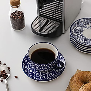 Selamica Ceramic 8 oz Cappuccino Cup Set with Saucers, Espresso Coffee Cups, Latte Macchiato for Party Cafe Home, Christmas Gift, Set of 6, Vintage Blue