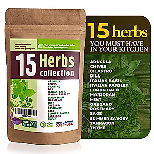 15 Culinary Herb Seeds Variety - USA Grown for Indoor or Outdoor Garden - Heirloom and Non GMO - Basil, Parsley, Cilantro, Dill, Rosemary, Mint, Thyme, Oregano, Tarragon, Chives, Sage, Arugula & More