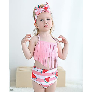 4T Toddler Girl Swimsuit Little Kids Triangle Bikini Tassel Halter Tankini Top 2pc Watermelon Bathing Suit 4T 5T Swimsuit for Girls Light Pink