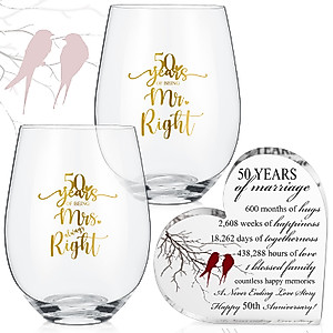 3 Pcs 50th Marriage Gifts Set Happy Anniversary Wine Glass Wedding Anniversary Crystal Heart Marriage Keepsake Couples Gifts for Mom Dad Husband Wife 50th Wedding Birthday Anniversary Party Supplies