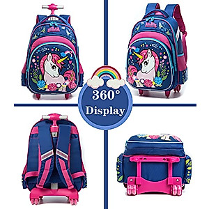Meetbelify Girls Unicorn Rolling Backpacks Kids Backpack with Wheels for Girls School Bags with Lunch Box