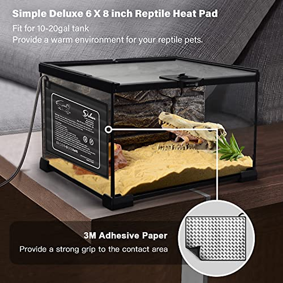Simple Deluxe 6 X 8 Inch 8W Reptile Heating Pad Under Tank Heater Terrarium Warmer Heat Mat for Amphibians and Reptiles Pet, Black