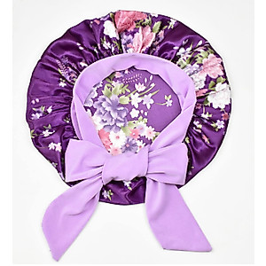 Silk Bonnets Satin Bonnet for Women Curly Hair Covers Large Sleep Hair Bonnets Sleeping Night Cap Silk Bonnet with Tie Band (Black + Pink Floral + Purple Floral)