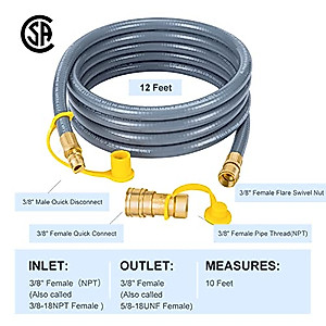 Suppmen Natural Gas Hose 12 Feet Quick Connect/Disconnect Fittings 3/8 Female Pipe Thread x 3/8 Female Swivel Flare Low Pressure for Grill Heater Fire Pit Stove etc.as Parts and Accessories…