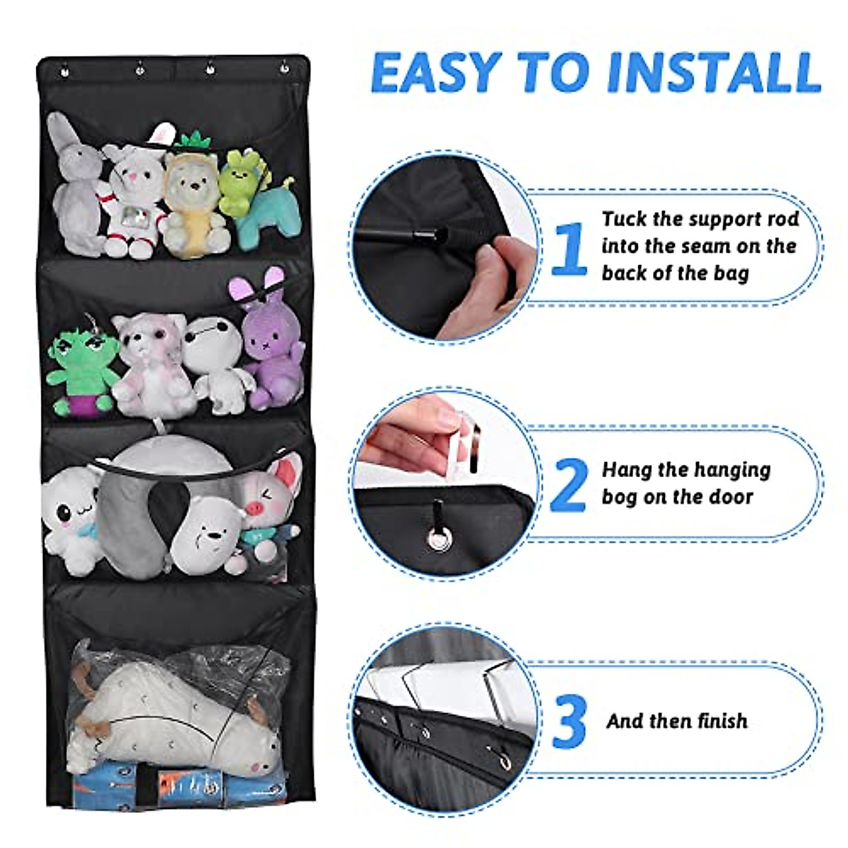 Stuffed Animal Organizer, 4 Pockets Over Door Organizer for Stuffies and Toy Plush, Kids Bedroom Organization Animal Storage Net Hammock with Hooks, Hanging Toy Plush Storage for Nursery, Bedroom