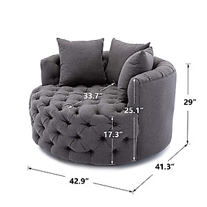 Dolonm Swivel Accent Barrel Chair Modern Sofa Lounge Club Round Chair Linen Fabric for Living Room Hotel with 3 Pillows (Grey)
