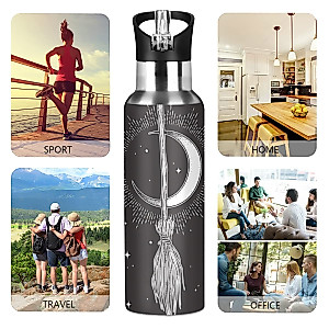 Yasala Halloween Water Bottle Witch Moon Broom Magic Vehicle Coffee Thermos Stainless Steel Insulated Beverage Container 20 oz with Straw Lid BPA-Free for Sport, Travel, Camping, Back to School