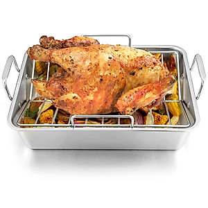 LIANYU Roasting Pan, 14 Inch Turkey Roaster Pan with 2 Racks, Heavy Duty Stainless Steel Lasagna, Pan, Deep Broiling Pan for Turkey, Chicken, Dishwasher Safe