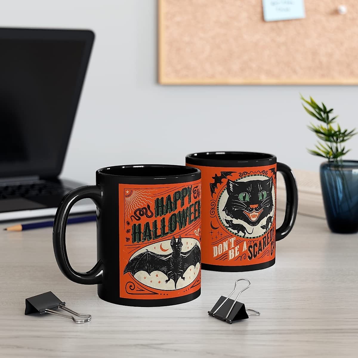 Vintage Halloween Scaredy Cat Spooky Cups - Jack o Lantern Pumpkins Halloween Coffee Mugs - Trick or Treat Retro Halloween Mug Set - Witch Gifts For Women Sister Friends (11 Oz, Black Cat)