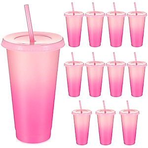 Lallisa Reusable Cups with Lids and Straws 24oz Plastic Cups for Adults Plastic Drink Water Bottle Travel Mug Iced Cold Drinking Cup for Bachelor Party Girls Party(Hot Pink, Pink, 12 Pcs)
