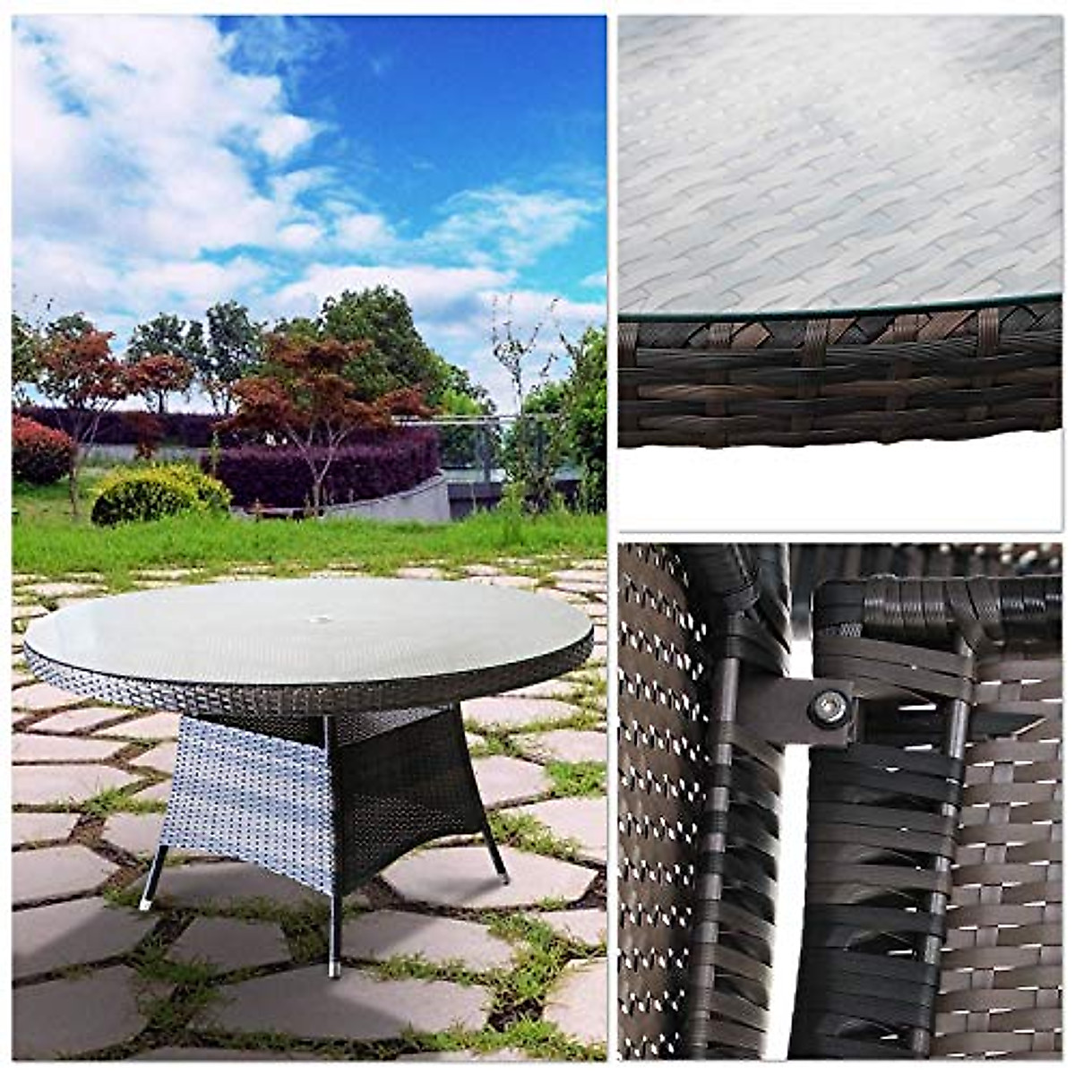 PATIOPTION 9 Piece Patio Set Outdoor Wicker Patio Furniture Sets Modern Bistro Set PE Rattan Chair Conversation Dining Sets (Round Table with 8 Seater) - Blue Cushion