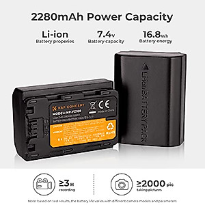 K&F Concept NP-FZ100 Battery and Dual Slot Charger Set for Sony A7iii, A7iv, A7C, ZV-E1, FX3, FX30, A9, A6600, Alpha 9, Alpha 9S, A9S, A7R3, A7R4 Camera Batteries, 2280mAH