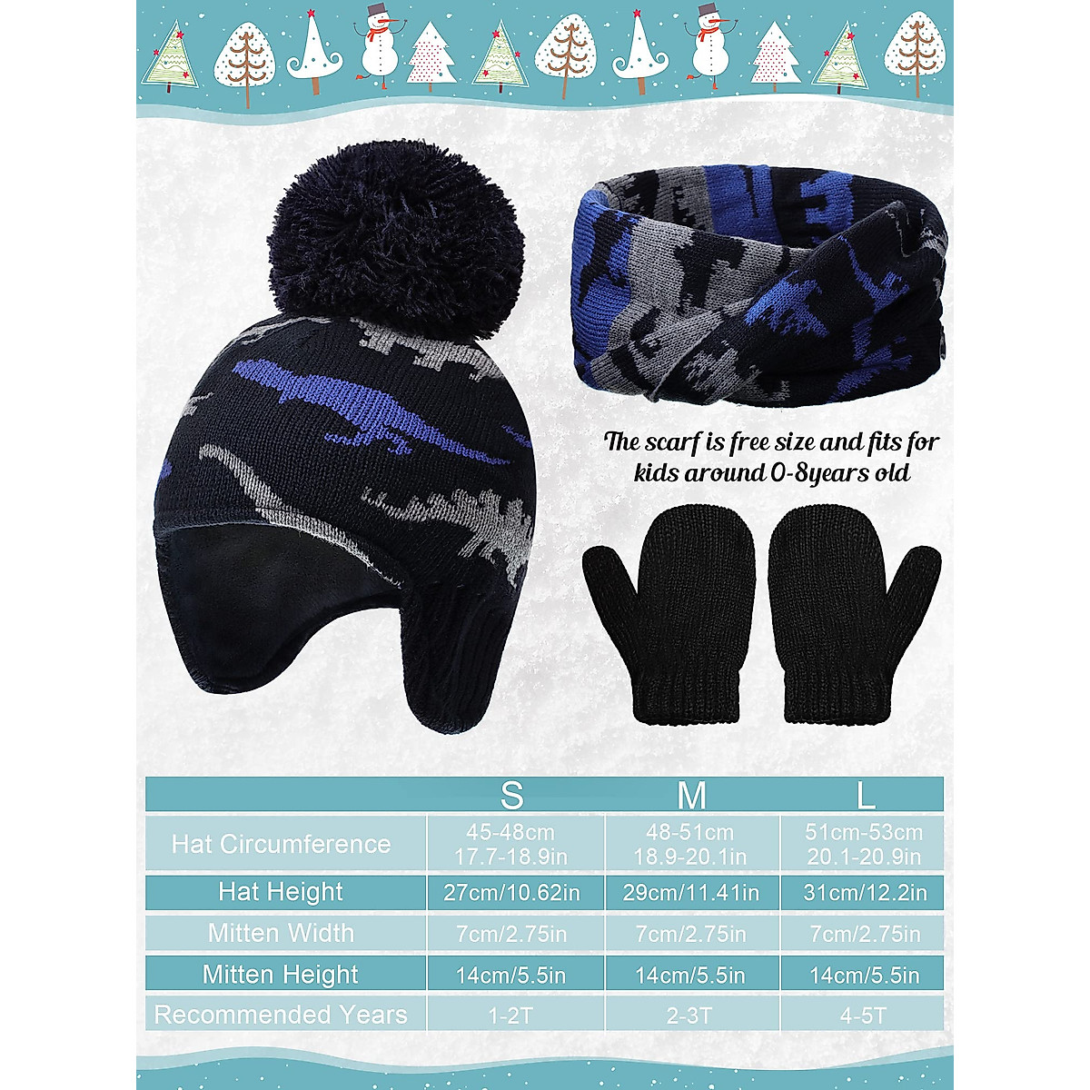 Baby Boy Hat Scarf Mittens Set Winter Warm Hat Knitted Beanie Gloves Toddler Fleece Mittens Earflaps (Navy Blue, Grey, Light Blue, 4-5 Years)