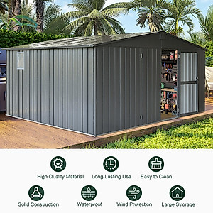 Domi 11x12.5FT Outdoor Storage Shed, Large Size Metal Outdoor Storage Cabinet with Lockable Doors, Windows, Galvanized Steel Storage House for Backyard, Patio, Garden, Lawn, Grey