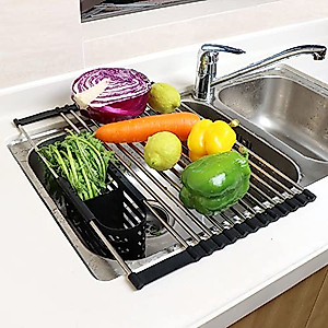 DMJWAN Roll Up Dish Drying Rack,Foldable Sink Rack with 2 Storage Baskets, Rollup & Stretchable,SUS304 Stainless Steel , for Kitchen Dishes,（Expandable Size22.8" X 12.7"）