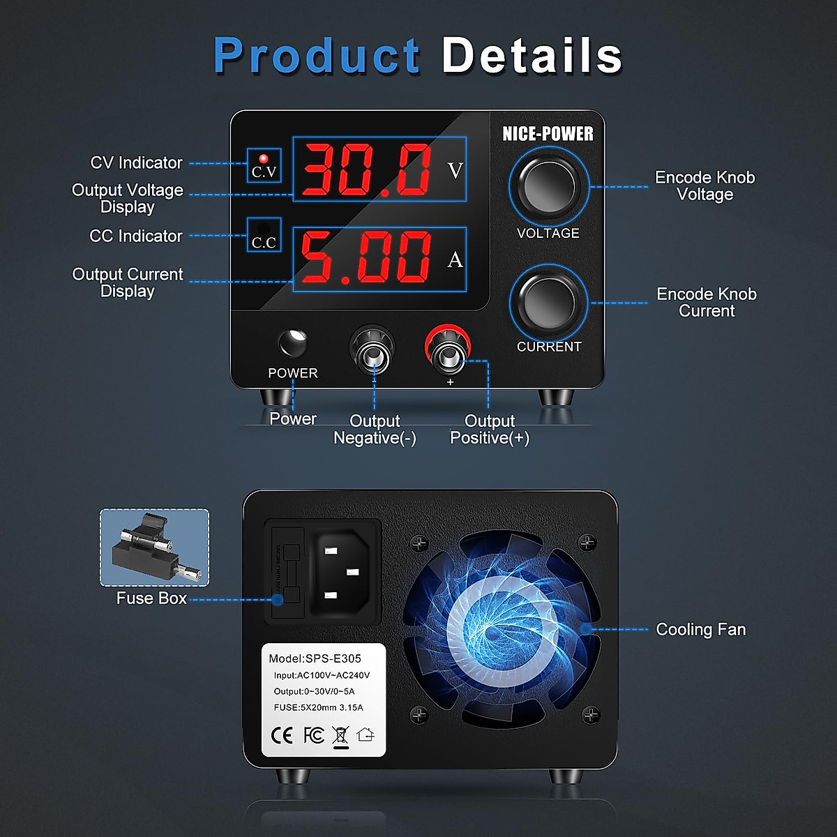 NICE-POWER DC Power Supply Variable, 30V 5A Adjustable Switching Regulated Power Supply with Encoder, Upgraded 3-Digits LED Display, Mini Regulated DC Bench Power Supply
