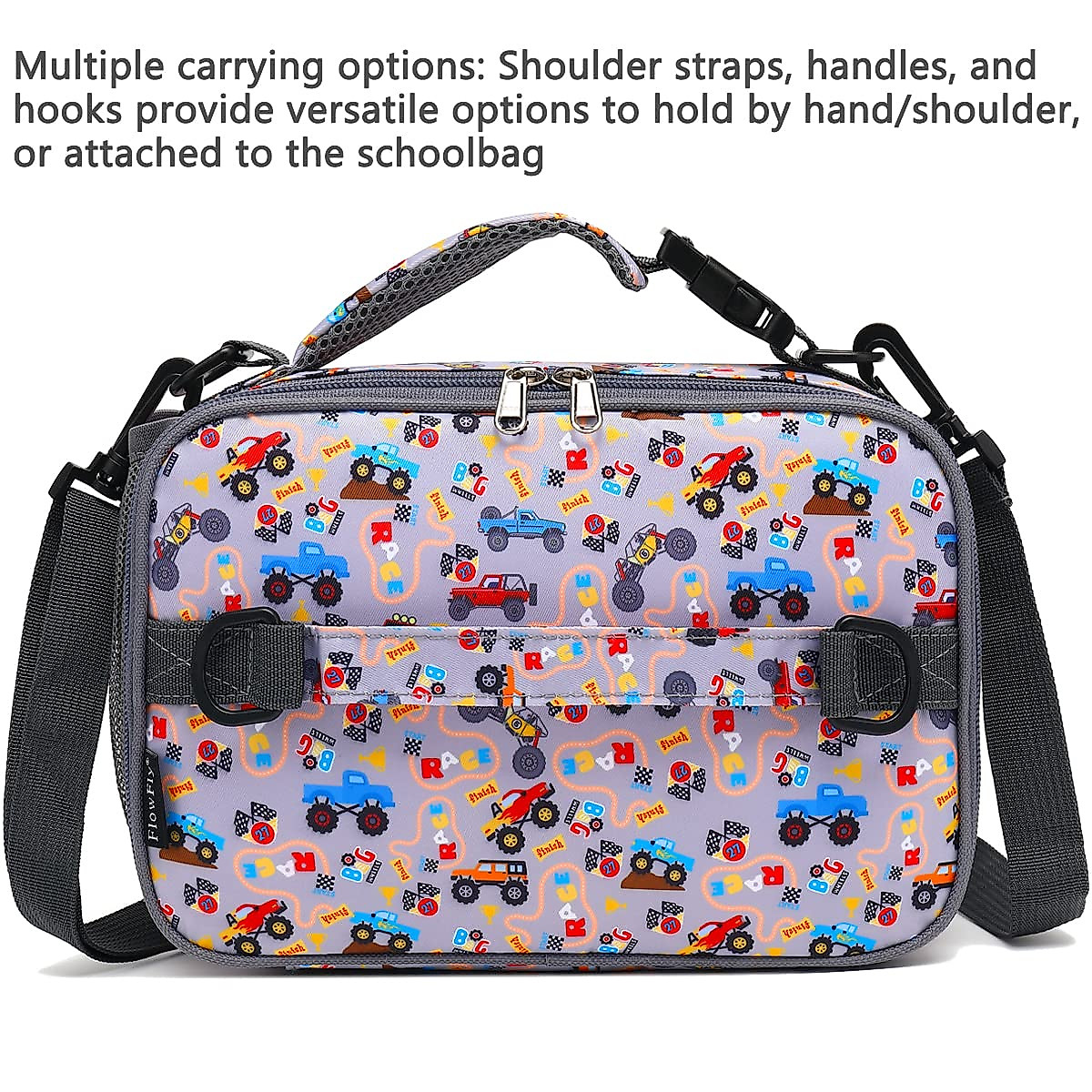 FlowFly Kids Lunch Bag, Durable Insulated School Lunch Box with Shoulder Strap and Bottle Holder, Water-resistant Thermal Small Lunch Cooler Tote for Teen Boys & Girls,Truck