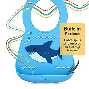 Nuby On The Go Silicone 3D Bib with Scoop to Catch Mess, Roll to Go, 6 M+, Shark