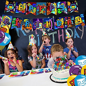 Geometry Dash Birthday Party Decorations ,Geometry Dash Birthday Party Favor with Banner, Ballons,Cake Topper, Cupcake Toppers for Boys Girls Fans Geometry Dash Party Supplies