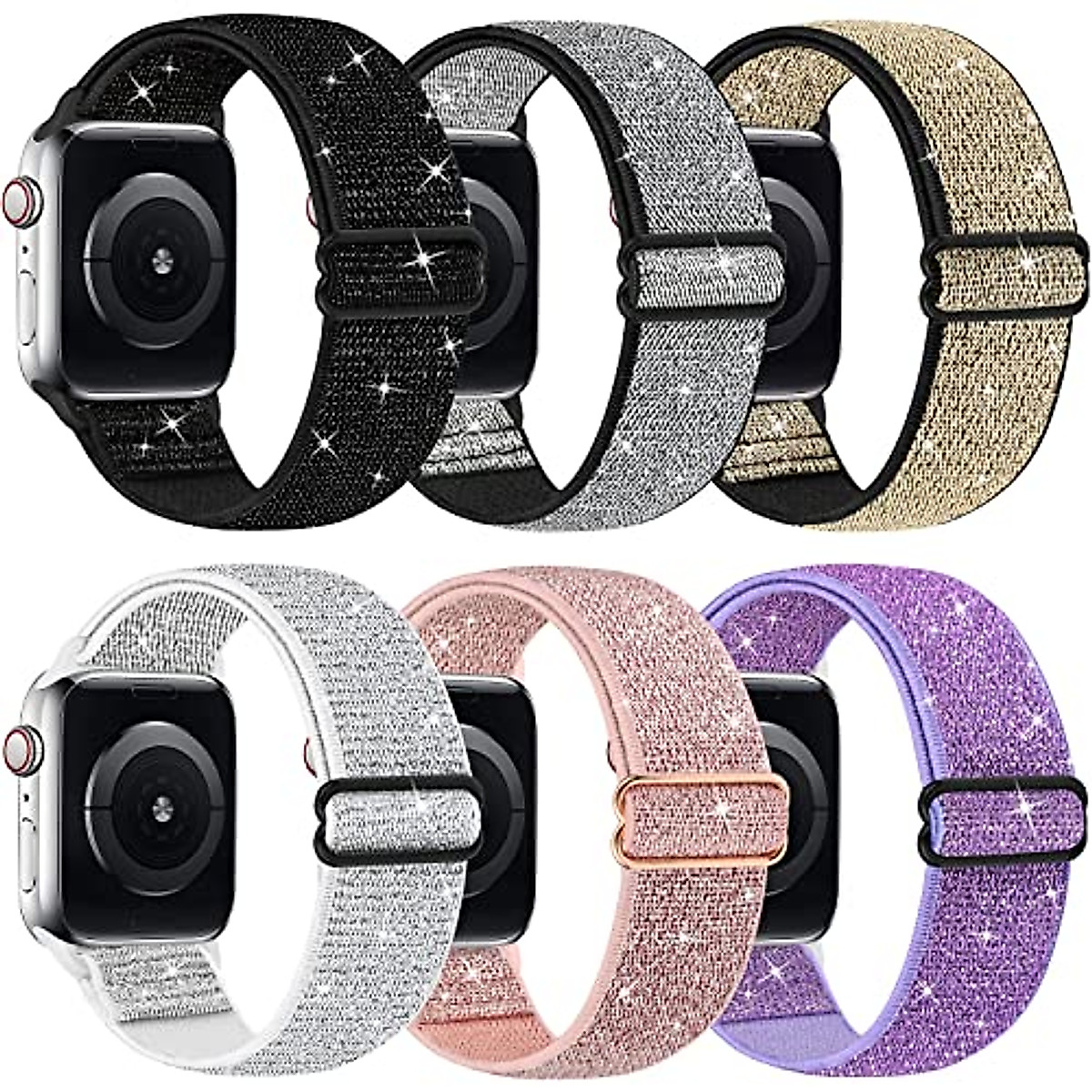 Bling Nylon Stretchy Bands Compatible With Apple Watch Bands 38mm 40mm 41mm For Women Girls, Adjustable Braided Loop Sport Bands For iWatch Series 8 7 6 SE 5 4 3 2 1, 6 Pack Sparkly Shiny Black Pink