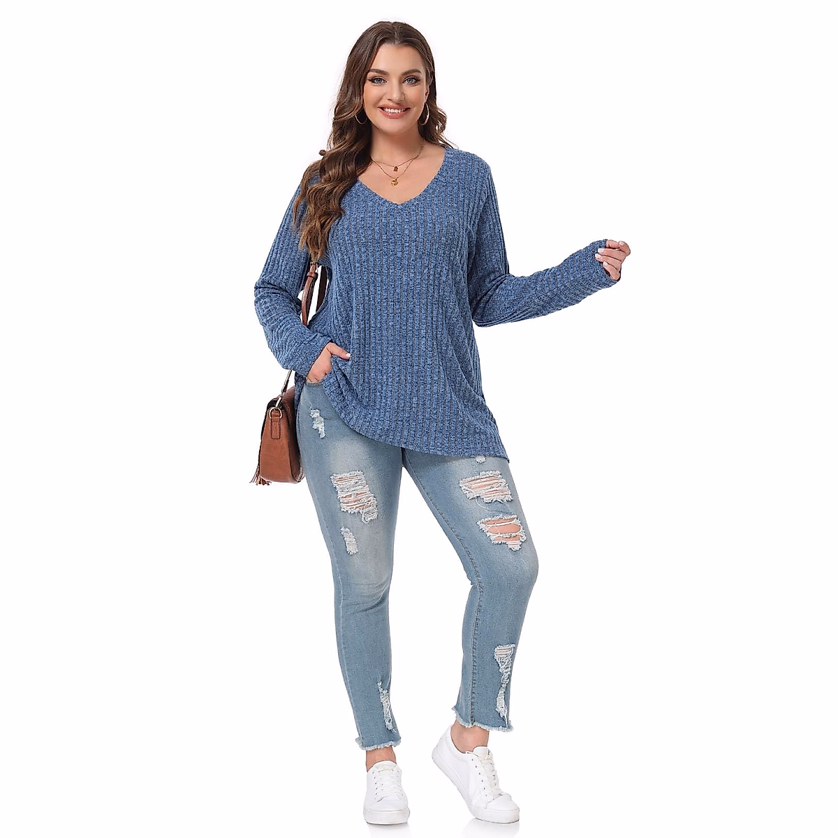 BELAROI Plus Size Long Sleeve Tops for Women Dressy Casual Shirts V Neck Tunic Sweaters Pullover Lightweight Loose Fit(2X, Navy Blue)