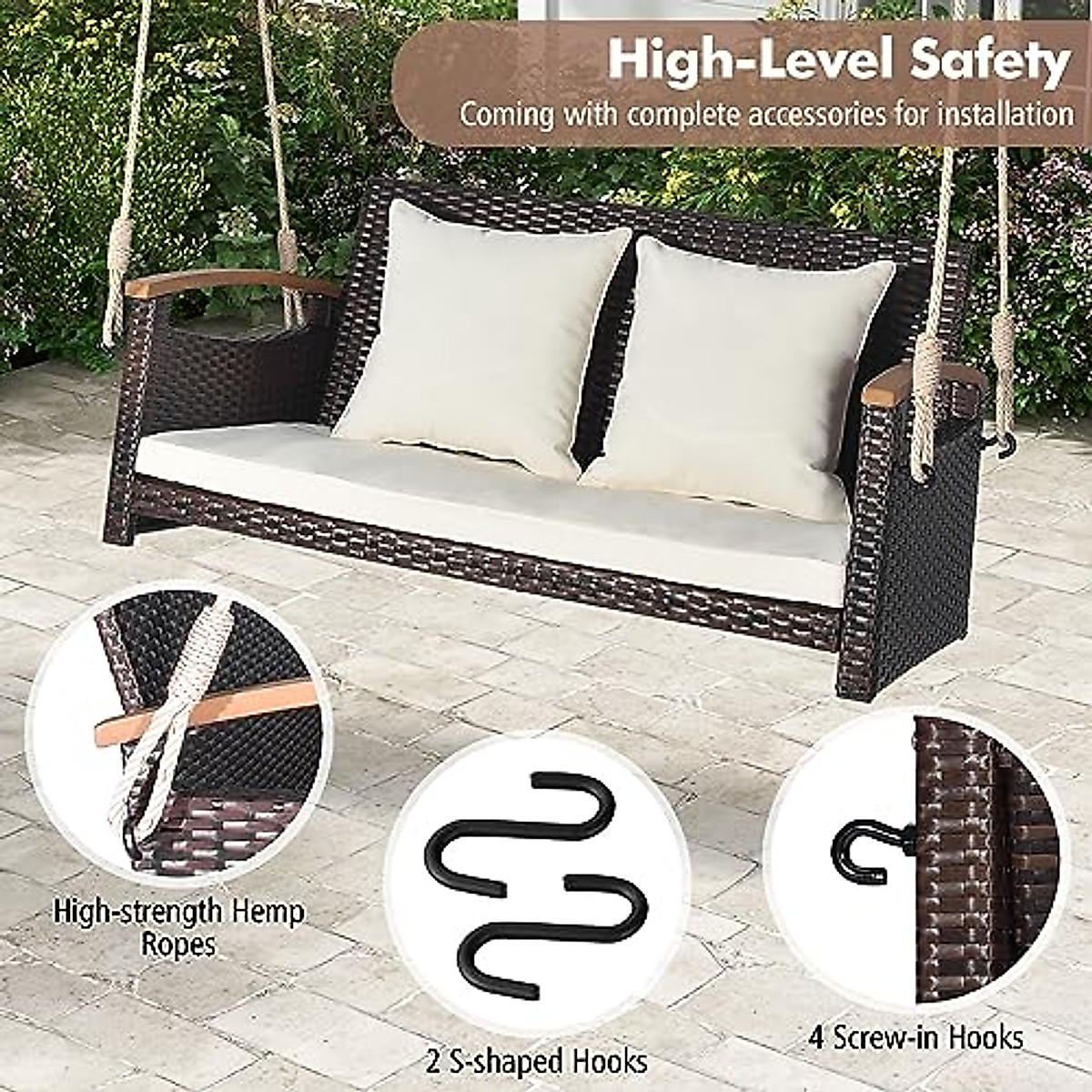 Tangkula Patio Rattan Porch Swing, 2-Person Hanging Chair with Seat & Back Cushions, Reinforced Metal Frame & 2 Hanging Hemp Ropes, Wicker Woven Swing Loveseat for Backyard, Front Porch (Off White)
