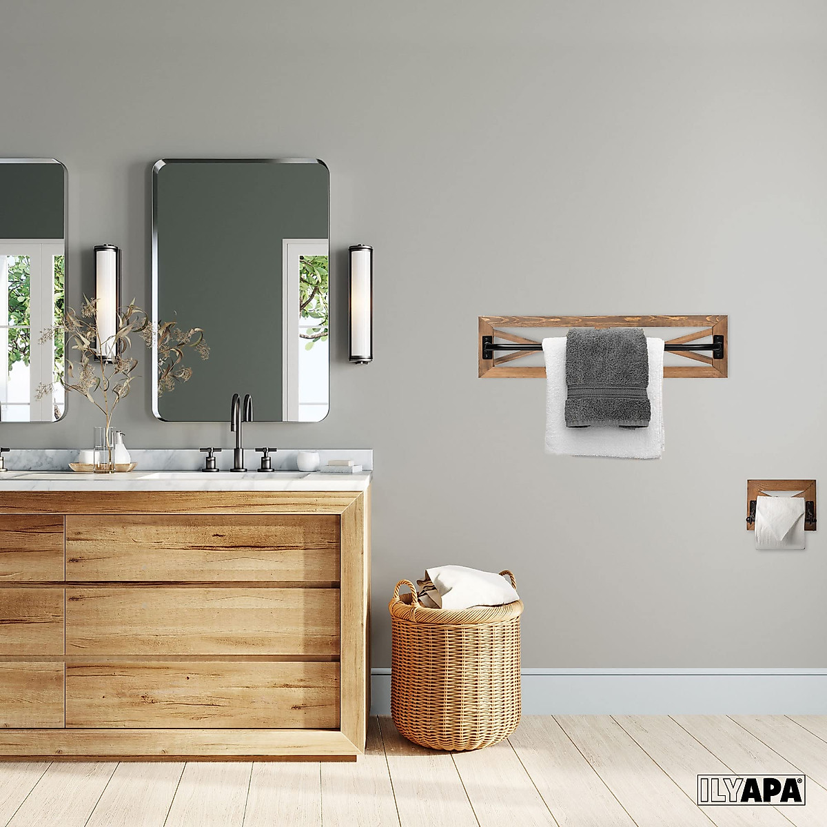 Ilyapa Rustic Towel Bar Toilet Paper Holder Set with Towel Ring for Bathroom- Wall Mounted Bathroom Racks -Barnwood & Black Metal Bar, Farmhouse Decor Ilyapa is an American Owned Brand