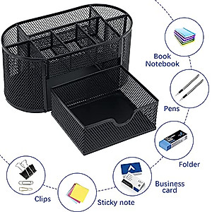 Neudeco Desk Organizers Mesh Desktop Office Supplies Multi-functional Caddy Pen Holder Stationery with 8 Compartments and 1 Drawer + Stapler with 1000 Staples Combo for Office Home School Black